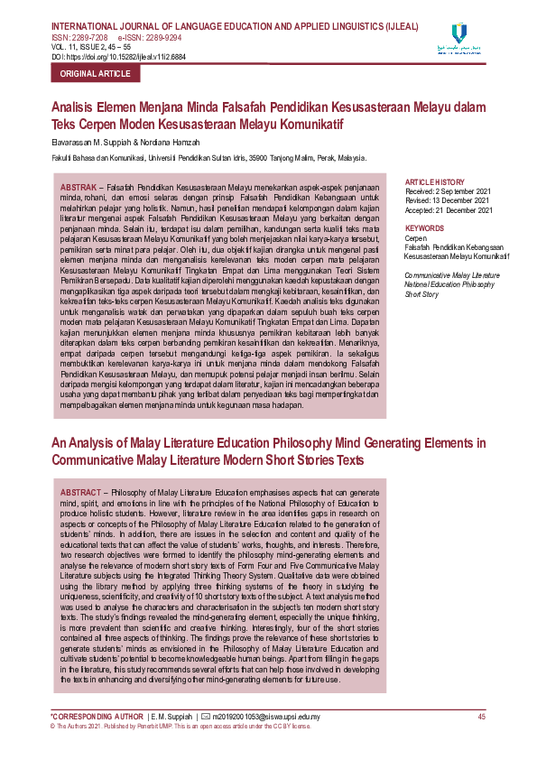 (PDF) Analisis Elemen Menjana Minda Falsafah Pendidikan Kesusasteraan Melayu dalam Teks Cerpen ...