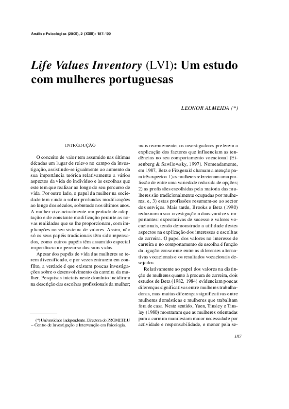 (PDF) Life Values Inventory (LVI): Um estudo com mulheres portuguesas ...