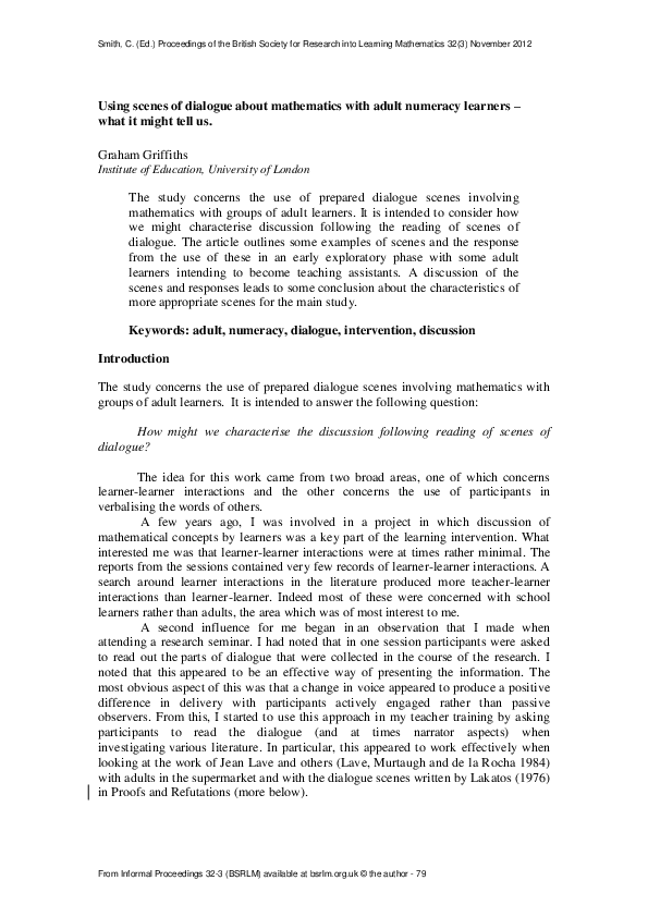 (PDF) Using scenes of dialogue about mathematics with adult numeracy ...