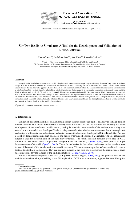 (PDF) SimTwo Realistic Simulator: A Tool for the Development and Validation of Robot Software