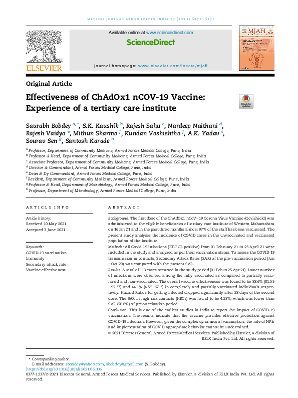(PDF) Effectiveness of ChAdOx1 nCOV-19 Vaccine: Experience of a ...