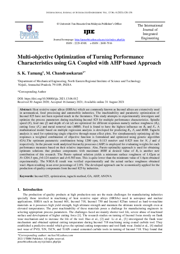 Pdf Multi Objective Optimization Of Turning Performance Characteristics Using Ga Coupled With
