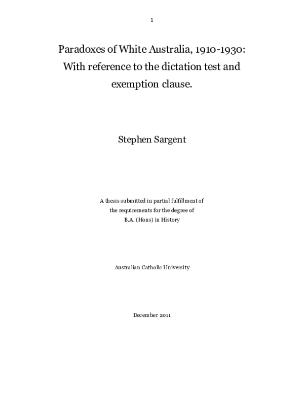 (PDF) Paradoxes of White Australia, 1910 -1930: With reference to the ...