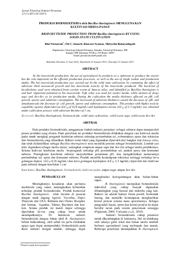 (PDF) PRODUKSI BIOINSEKTISIDA oleh Bacillus thuringiensis MENGGUNAKAN KULTIVASI MEDIA PADAT ...