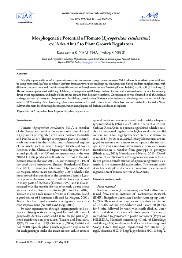 (PDF) Morphogenetic Potential of Tomato (Lycopersicon esculentum) cv ...