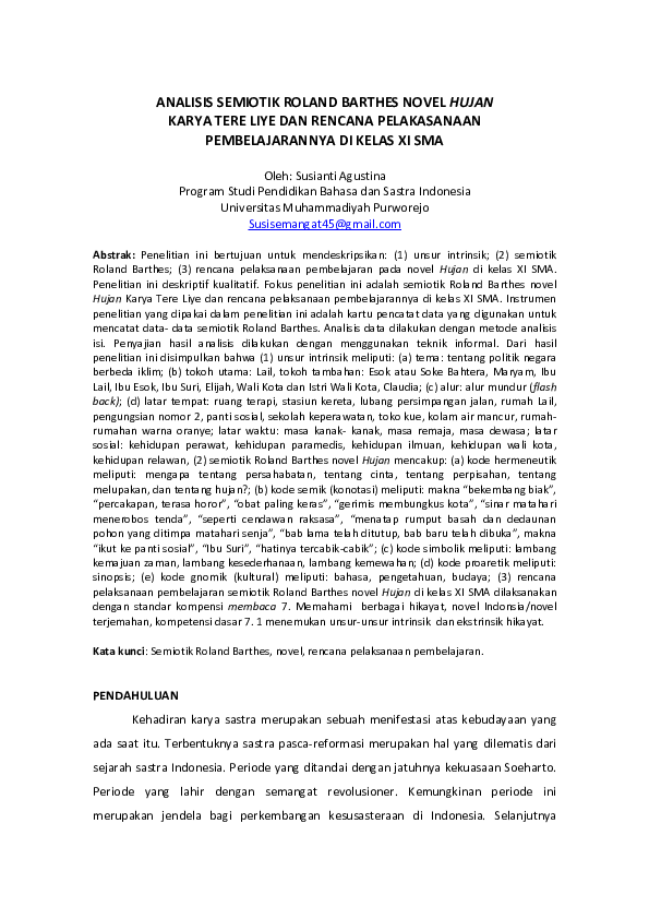 (PDF) Analisis Semiotik Roland Barthes Novel Hujan Karya Tere Liye Dan ...