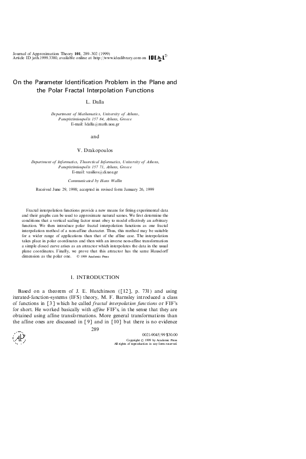 On the Parameter Identification Problem in the Plane and the Polar Fractal Interpolation Functions