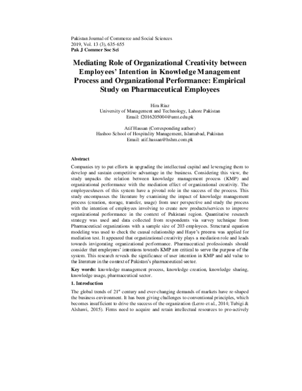 (PDF) Mediating Role of Organizational Creativity between Employees' Intention in Knowledge ...
