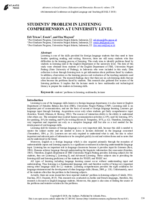 (PDF) Students’ Problem in Listening Comprehension at University Level