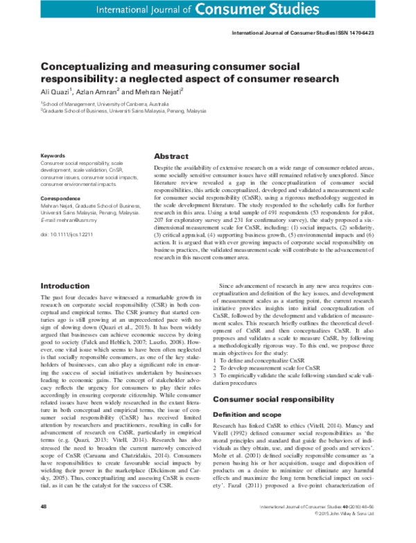 (PDF) Conceptualizing and measuring consumer social responsibility: a ...