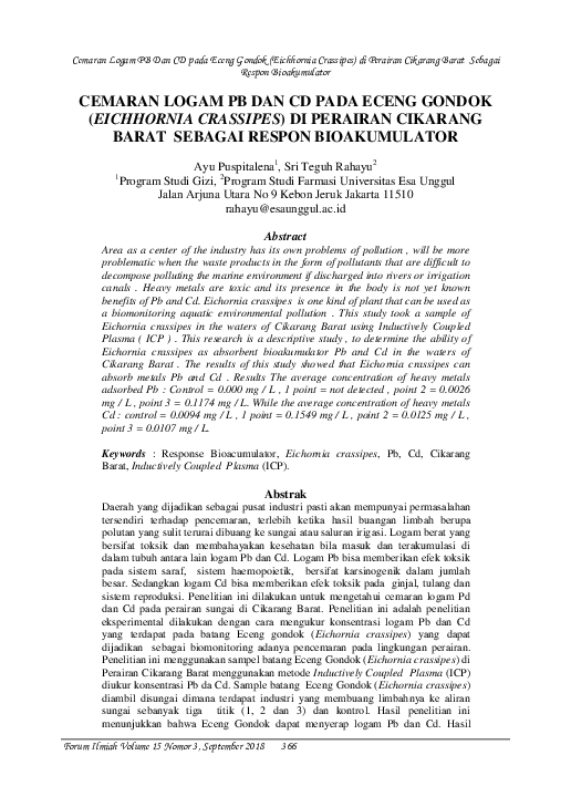 (PDF) Cemaran Logam PB Dan CD Pada Eceng Gondok (Eichhornia Crassipes ...