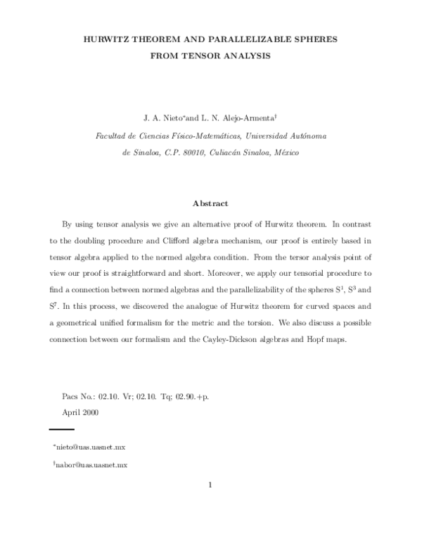 (PDF) Hurwitz Theorem and Parallelizable Spheres from Tensor Analysis