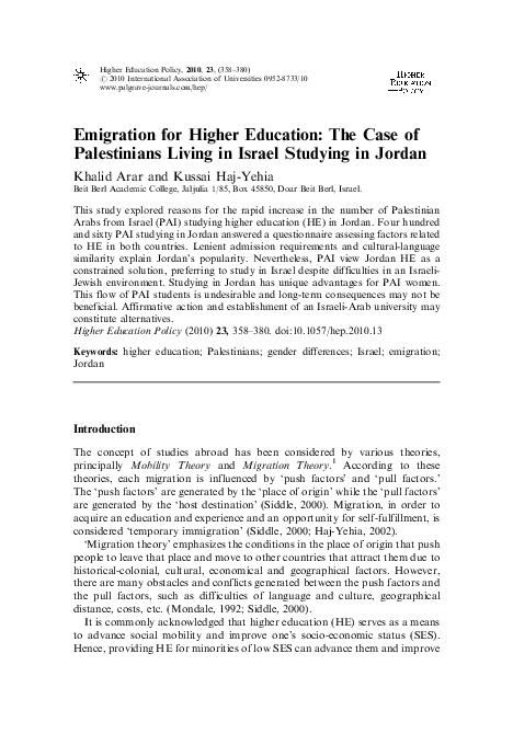 (PDF) Emigration for Higher Education: The Case of Palestinians Living ...