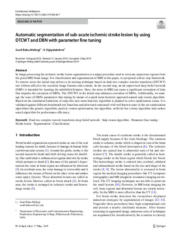 Pdf Automatic Segmentation Of Sub Acute Ischemic Stroke Lesion By Using Dtcwt And Dbn With