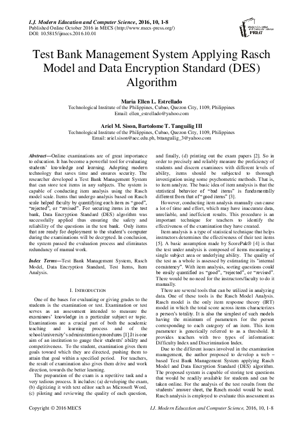 Pdf Test Bank Management System Applying Rasch Model And Data 