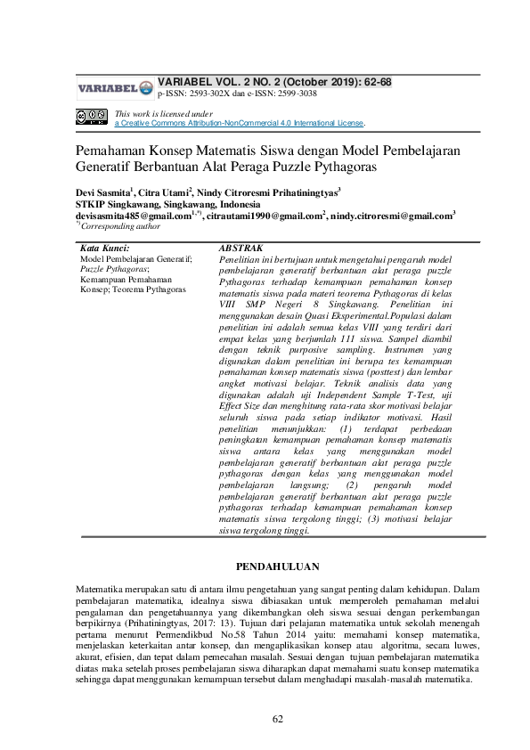 (PDF) Pemahaman Konsep Matematis Siswa dengan Model Pembelajaran Generatif Berbantuan Alat ...