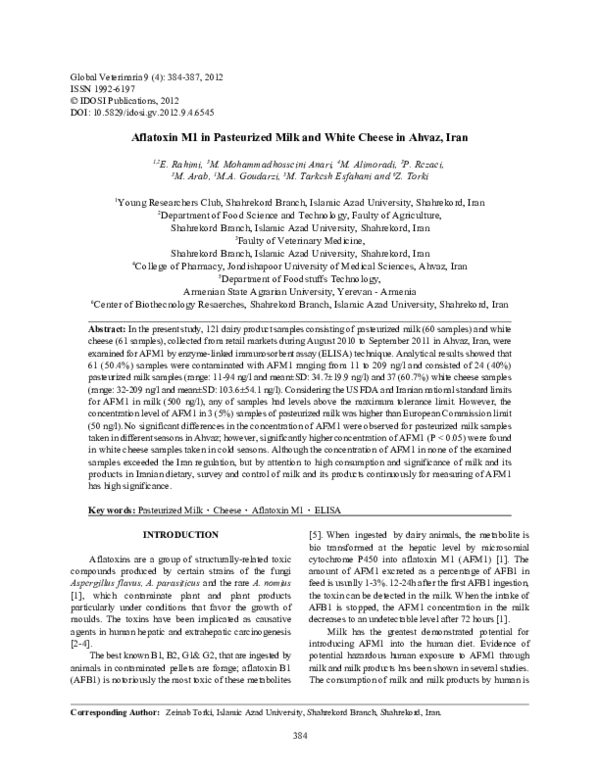 Pdf Occurrence Of Aflatoxin M1 In Raw Milk Of Five Dairy Species In