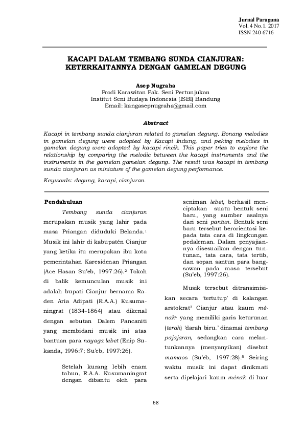 (PDF) Kacapi Dalam Tembang Sunda Cianjuran: Keterkaitannya Dengan Gamelan Degung