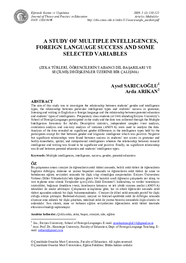 (PDF) A study of multiple intelligences, foreign language success and some selected variables