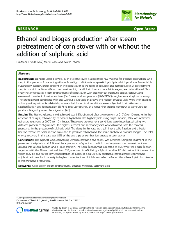 (PDF) Ethanol and biogas production after steam pretreatment of corn stover with or without the ...