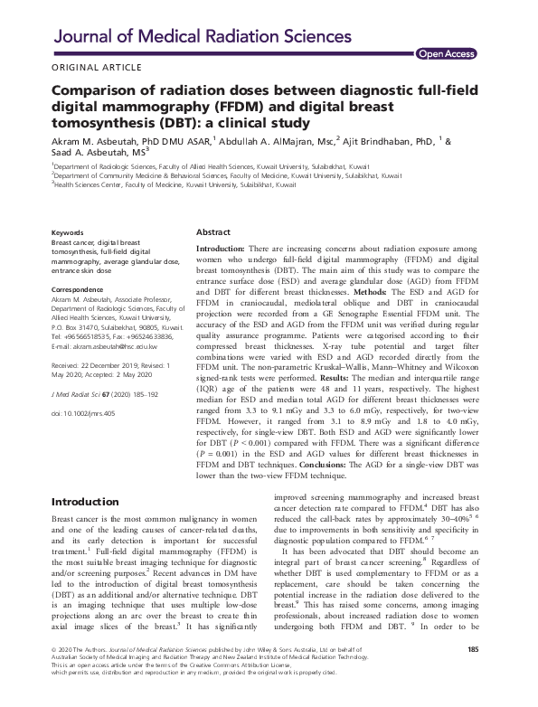 (PDF) Comparison of radiation doses between diagnostic full‐field digital mammography (FFDM) and ...