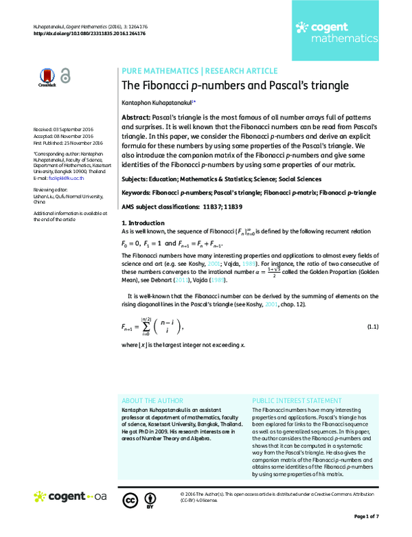 (PDF) The Fibonacci p-numbers and Pascal’s triangle