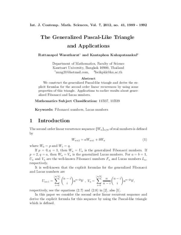 (PDF) The generalized Pascal-like triangle and applications