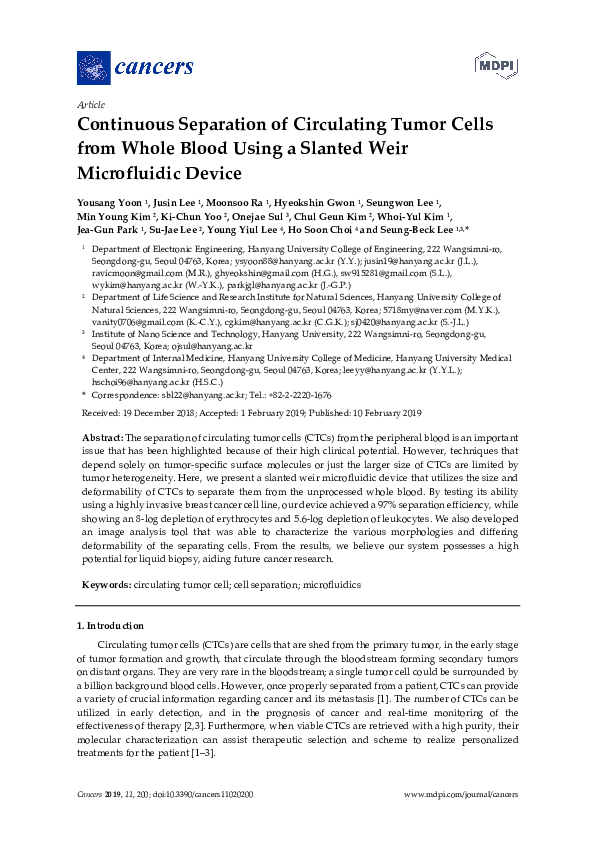 (PDF) Continuous Separation of Circulating Tumor Cells from Whole Blood Using a Slanted Weir ...