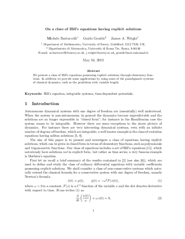 (PDF) On a class of Hill’s equations having explicit solutions