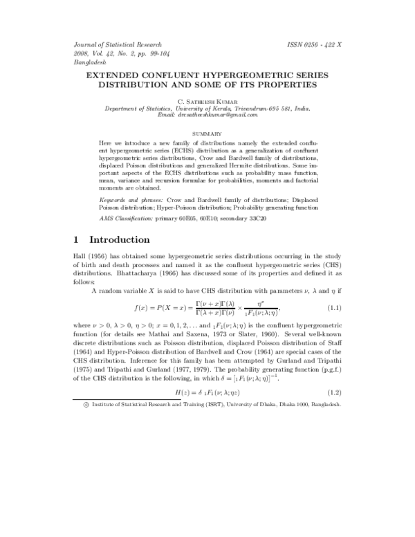Pdf Extended Confluent Hypergeometric Series Distribution And Some Of