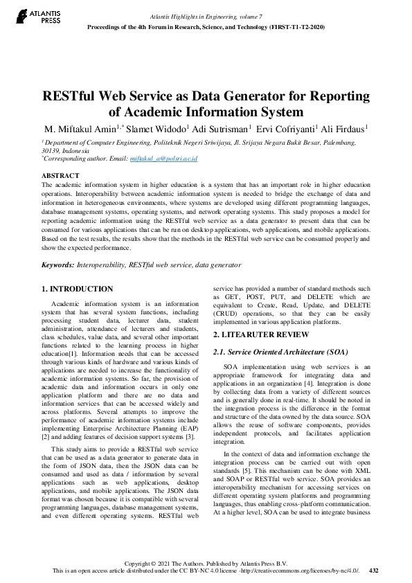 (PDF) RESTful Web Service as Data Generator for Reporting of Academic Information System | Ali ...