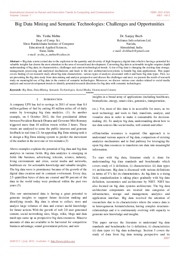 (PDF) Big Data Mining and Semantic Technologies: Challenges and Opportunities