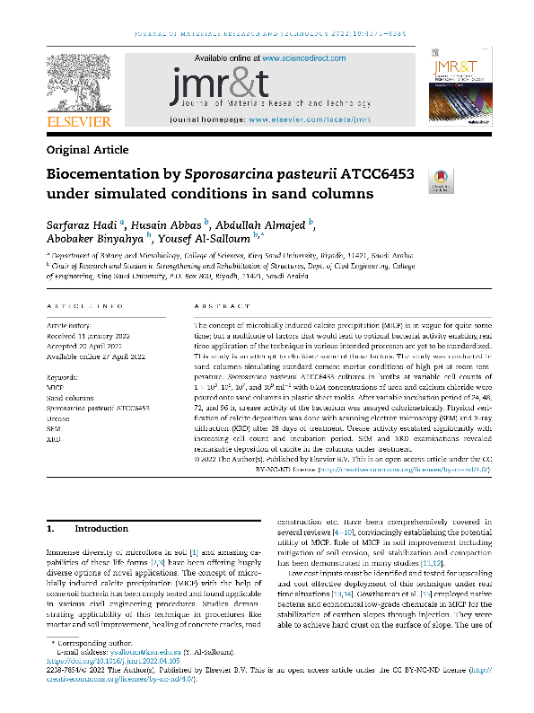 (PDF) Biocementation by Sporosarcina pasteurii ATCC6453 under simulated ...