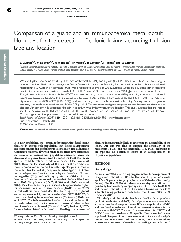 (PDF) Comparison of a guaiac and an immunochemical faecal occult blood ...
