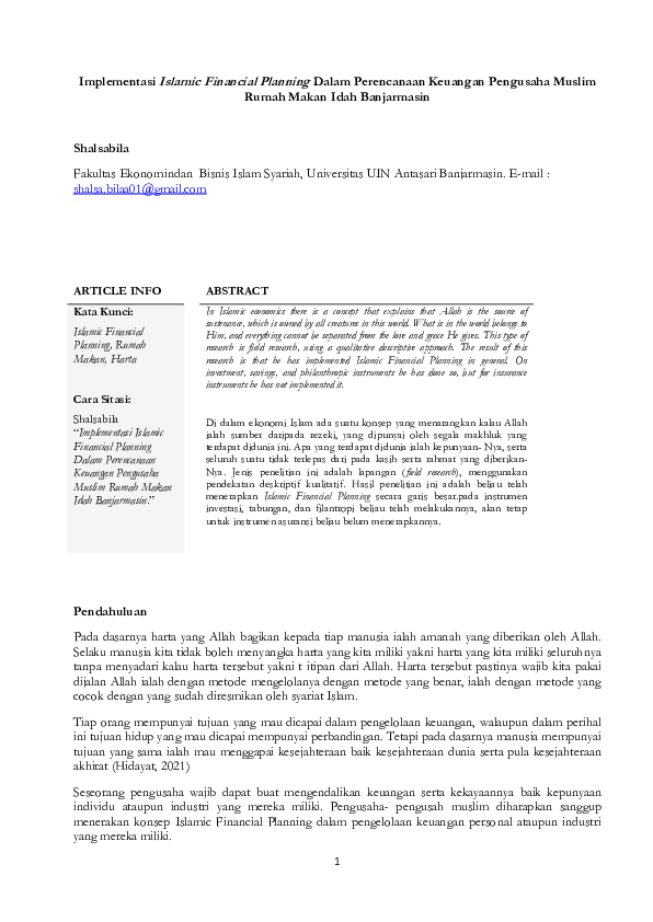 (PDF) Implementasi Islamic Financial Planning Dalam Perencanaan ...
