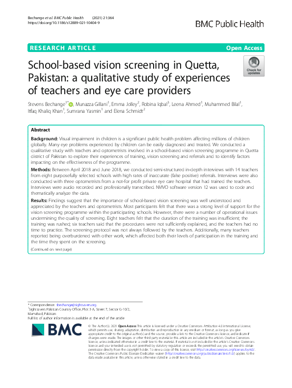 (PDF) School-based vision screening in Quetta, Pakistan: a qualitative ...
