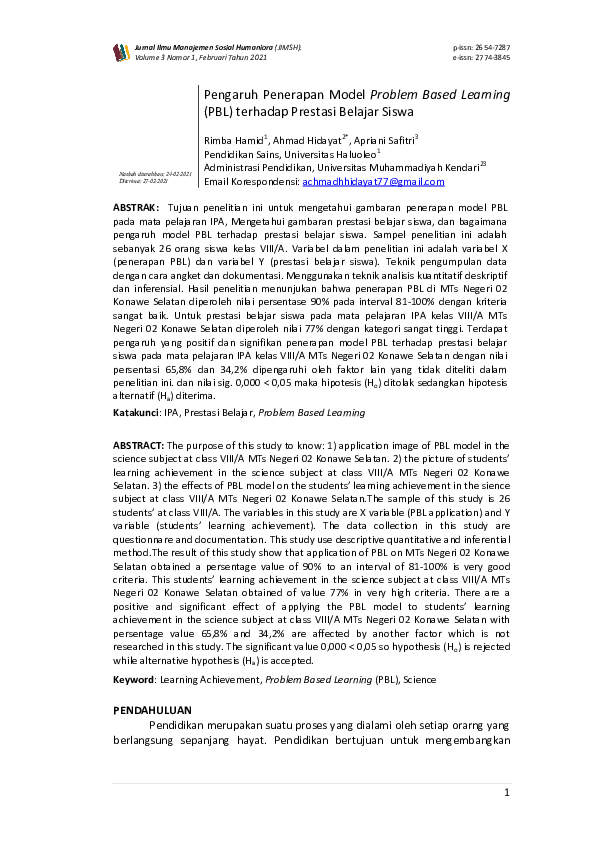 (PDF) Pengaruh Penerapan Model Problem Based Learning (PBL) terhadap Prestasi Belajar Siswa