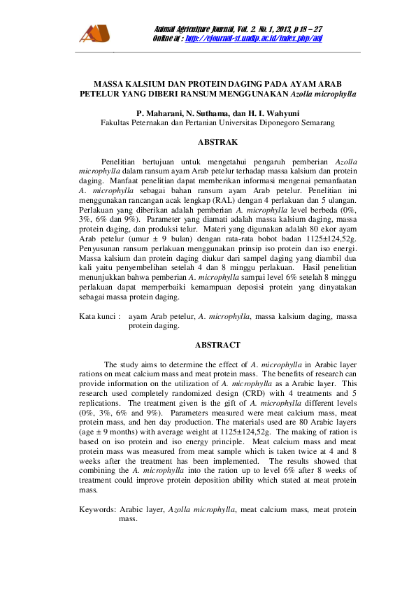 (PDF) MASSA KALSIUM DAN PROTEIN DAGING PADA AYAM ARAB PETELUR YANG ...