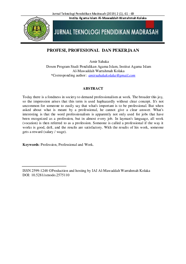 (PDF) Profesi, Profesional Dan Pekerjaan