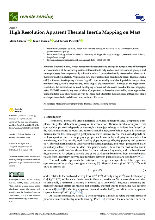 (PDF) High Resolution Apparent Thermal Inertia Mapping on Mars