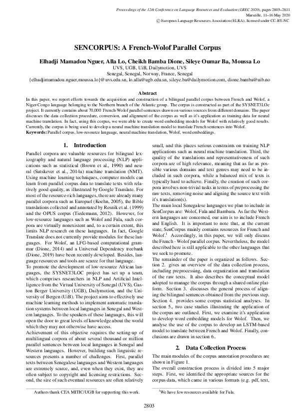 (PDF) SENCORPUS: A French-Wolof Parallel Corpus