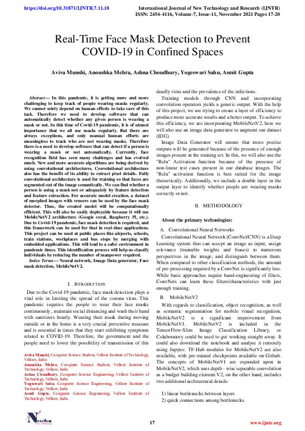 (PDF) Real-Time Face Mask Detection to Prevent COVID-19 in Confined Spaces