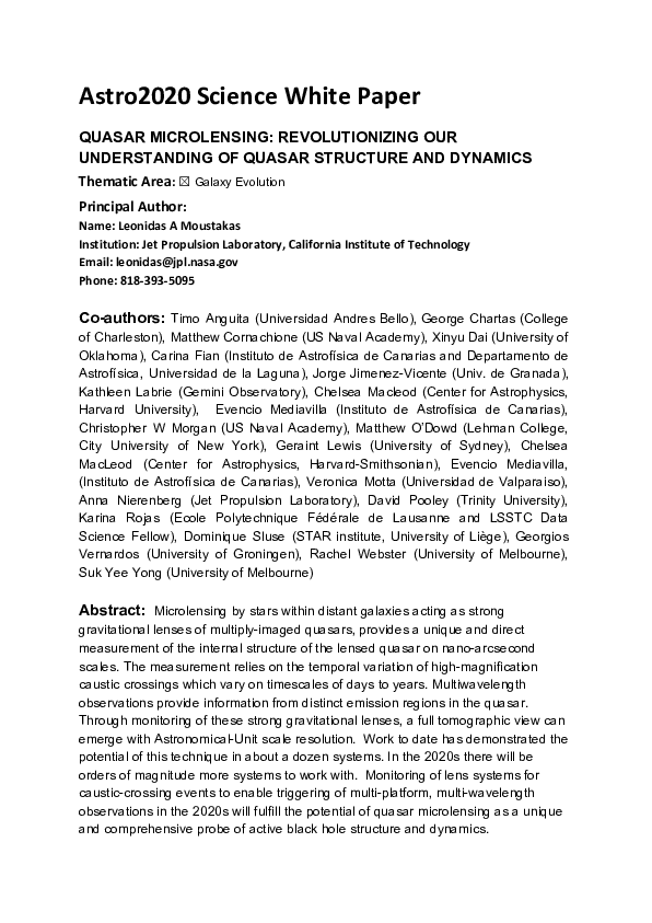 (PDF) Astro 2020 Science White Paper QUASAR MICROLENSING : REVOLUTIONIZING OUR UNDERSTANDING OF ...
