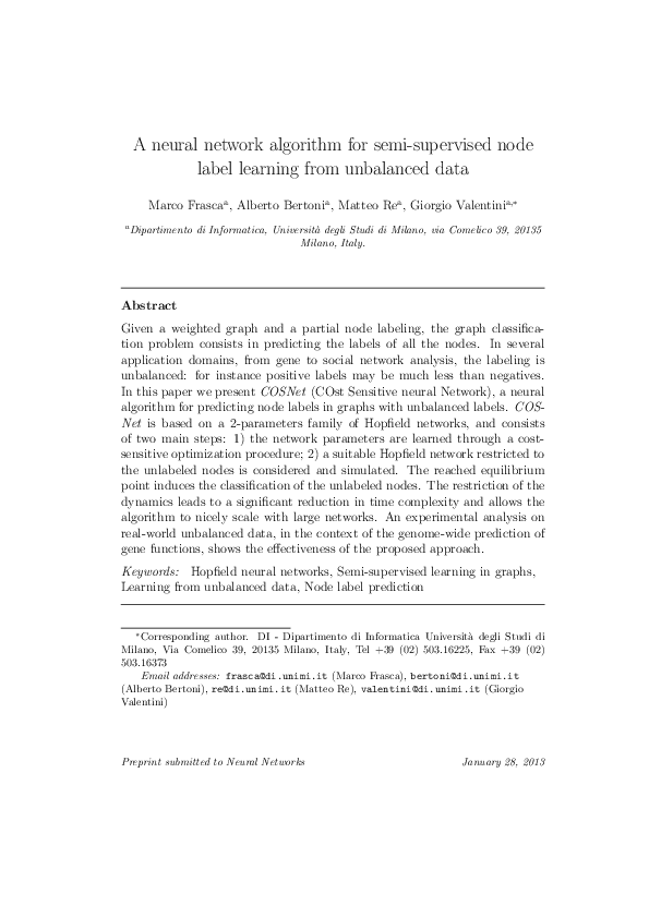 Pdf A Neural Network Algorithm For Semi Supervised Node Label Learning From Unbalanced Data