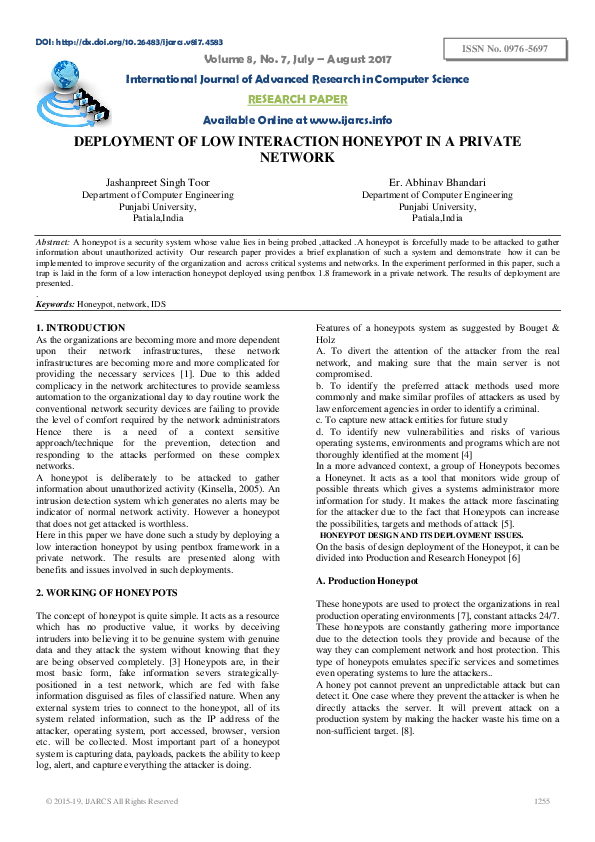 (PDF) Deployment of Low Interaction Honeypot in a Private Network