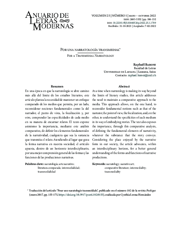 (PDF) Baroni, R. (2022) « Por una narratología transmedial », traduit ...