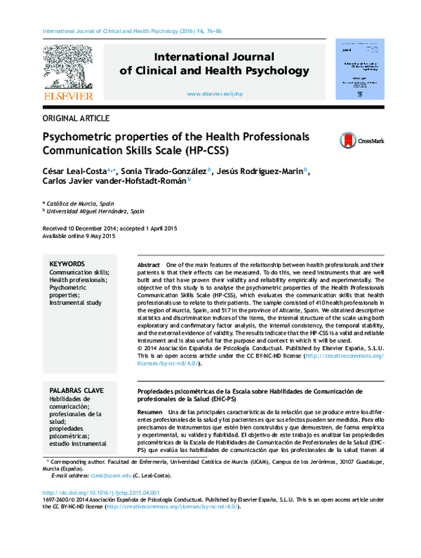 (PDF) Psychometric properties of the Health Professionals Communication ...