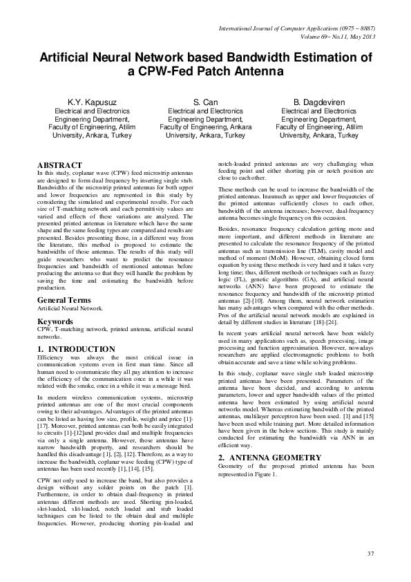 (PDF) Artificial Neural Network based Bandwidth Estimation of a CPW-Fed Patch Antenna