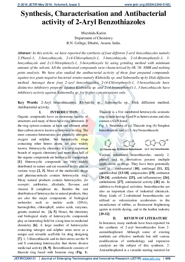 (PDF) Synthesis, Characterisation and Antibacterial activity of 2-Aryl Benzothiazoles | Murshida ...