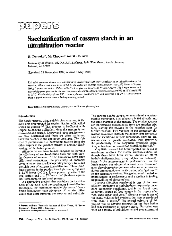 (PDF) Saccharification of cassava starch in an ultrafiltration reactor
